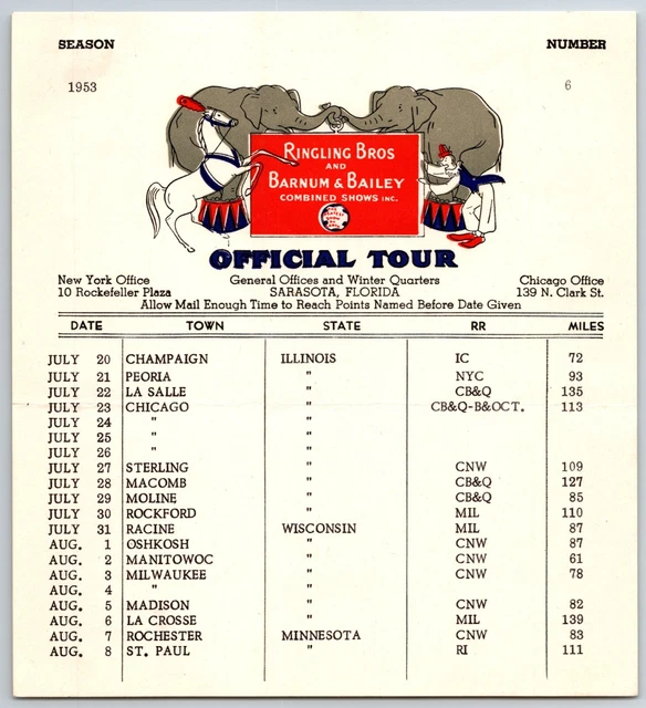 1953 RINGLING BROS Barnum Bailey Circus Route Card Chicago La Salle ...