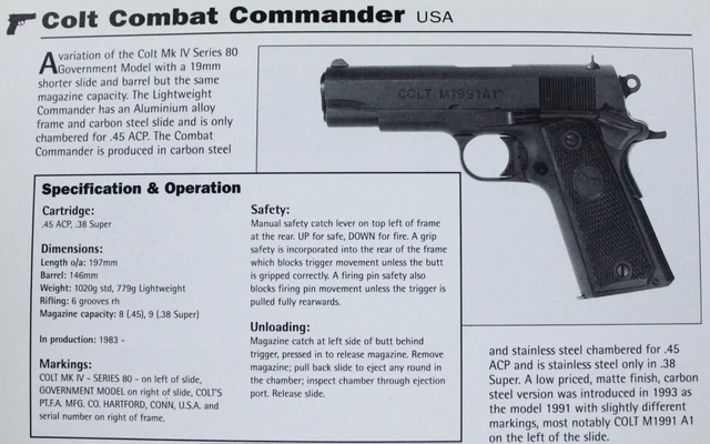 COLT COMBAT COMMANDER Gun Pistol Picture Out of Print Detail Spec Sheet ...