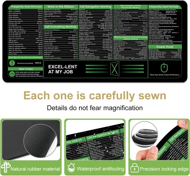 OFFICE EXCEL CHEAT Sheet Desk Pad, Gaming Excel Shortcuts Mousepad ...