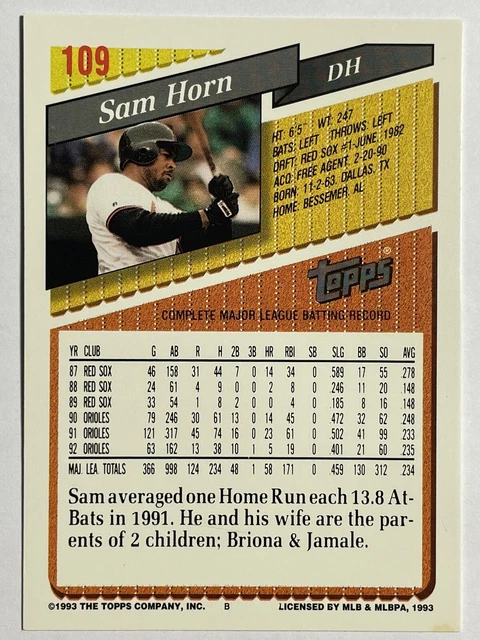 CARTE DE BASEBALL SAM HORN Baltimore Orioles, Red Sox, Rangers 1993 ...
