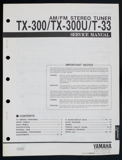 ORIGINAL YAMAHA TX-300/U T-33 Stereo Tuner Service Manual/Diagram/Part List o144 EUR 13,50 ...