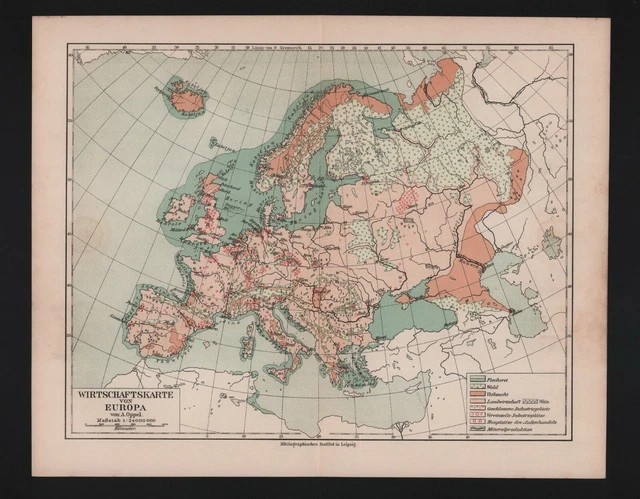 CARTE MAP 1908 : carte économique de l'Europe. Economie pêche élevage ...