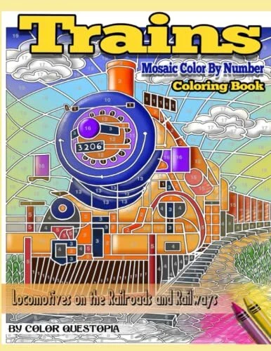 TRAINS COLORING BOOK Mosaic Color By Number Locomotives on the ...