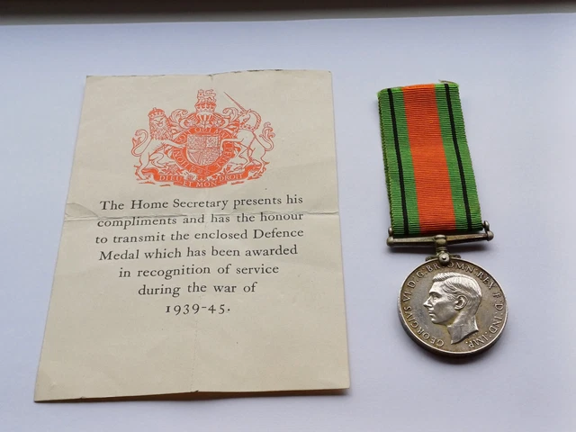 WW2. DEFENCE MEDAL + OHMS MEDAL SLIP (Original, Un-Named, Full Size ...