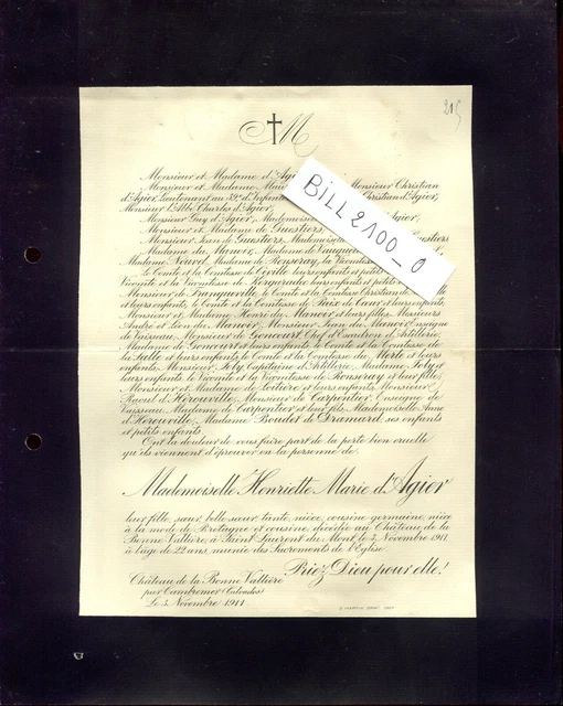 GENEALOGIE FAIRE PART DECES 1911 Henriette Marie d'Agier. Saint Laurent ...