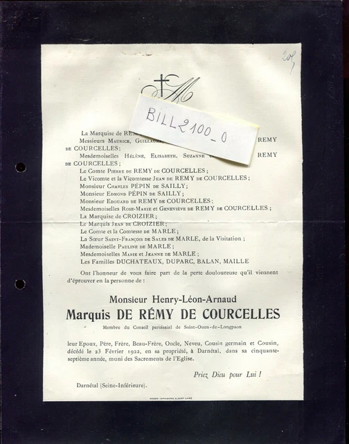 GÉNÉALOGIE FAIRE-PART DÉCÈS 1922.Henry-Léon-Arnaud Marquis DE REMY DE ...