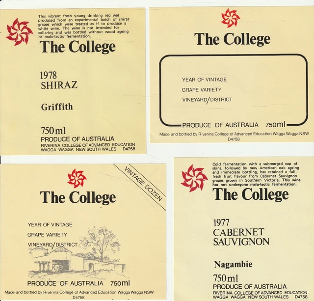 MEMORABILIA , AUSTRALIAN WINE LABELS , THE COLLEGE , 1978 SHIRAZ plus ...