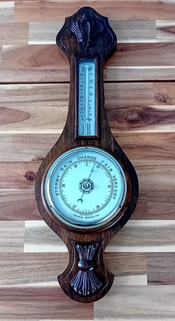 VINTAGE WALL MOUNTED Carved Oak Aneroid Working Barometer Thermometer ...