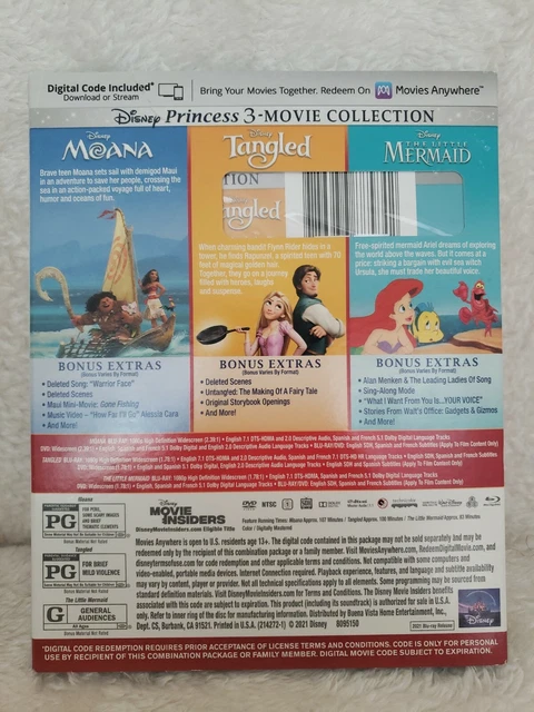 DISNEY PRINCESS 3-MOVIE Collection~Moana Tangled Little Mermaid Blu-Ray ...