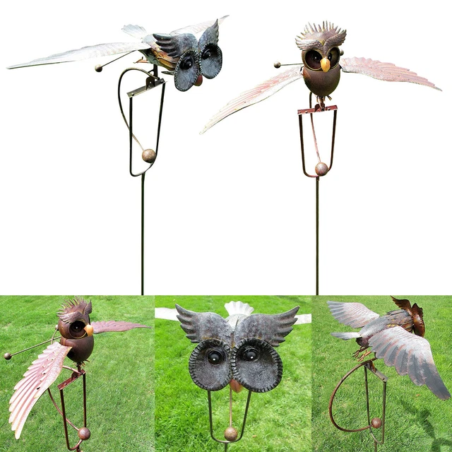 OWL WIND CHIME Iron Wing Flapping Owl Wind Spinner Life-Like Weather ∫ ...