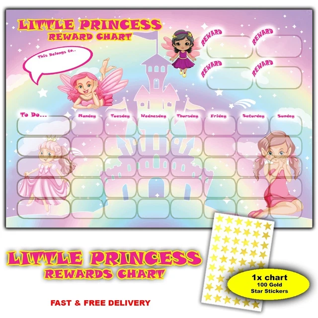 LITTLE PRINCESS REWARD Chart for Kids - 100 Gold Star Stickers – Good ...