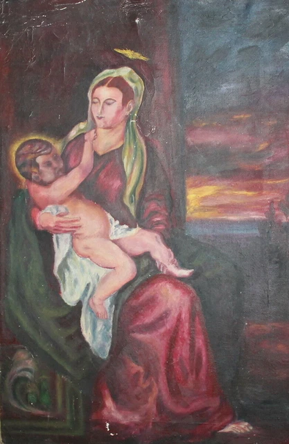 VINTAGE OIL PAINTING religious portrait Virgin Mary Christ Child $341. ...