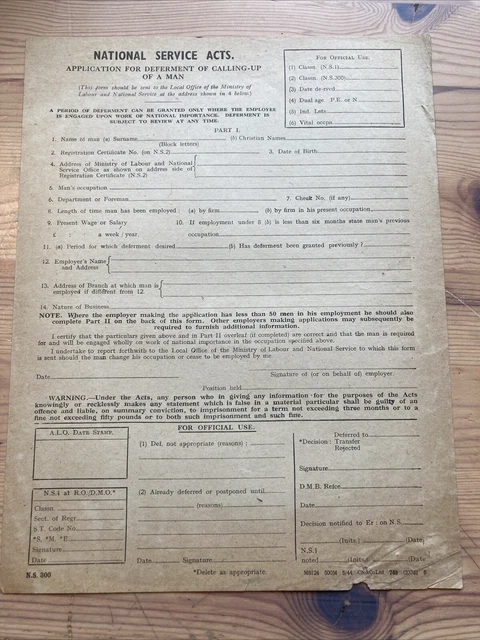 WWII 1944 NATIONAL Service Deferment Application Form - Unused $3.83 ...
