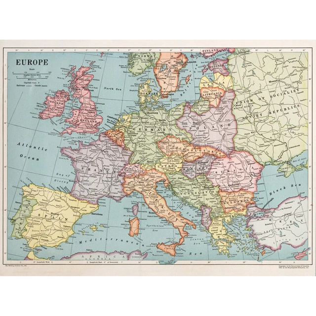 MAP WHITNEYGRAHAM 1930 Europe Political Canvas Wall Art Print Poster £ ...