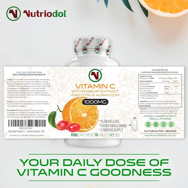 VITAMIN C WITH Rosehip & Bioflavonoids Tablets X 70 | 1000Mg Easy to ...