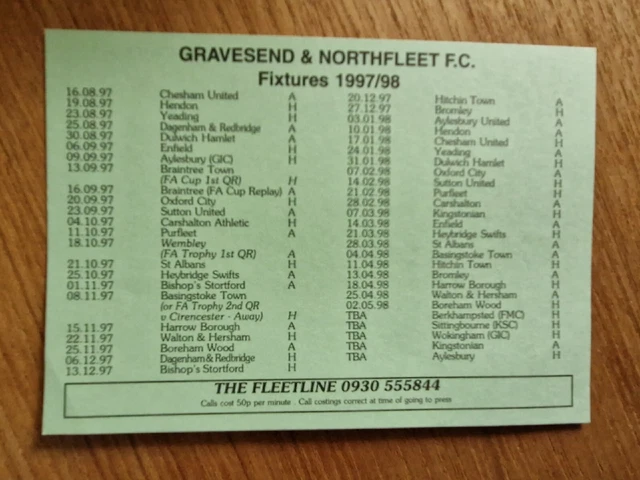 1997/98 GRAVESEND & Northfleet FC Fixture Card Very Good Condition £3. ...