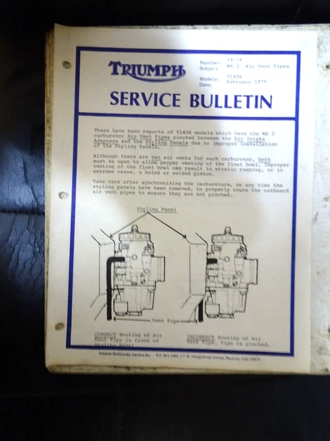 TRIUMPH T140E SERVICE Bulletin Amal Mk2 Air Vent Pipes Feb 1979 £4.00 ...