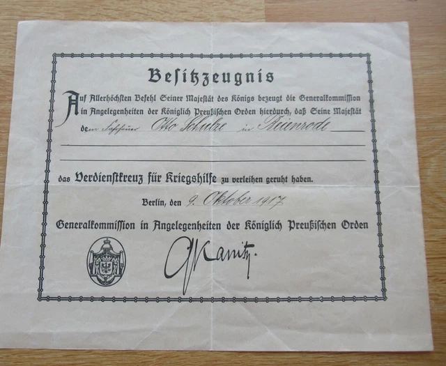 CERTIFICATE / CERTIFICATE of possession cross of merit for war aid 1917 ...