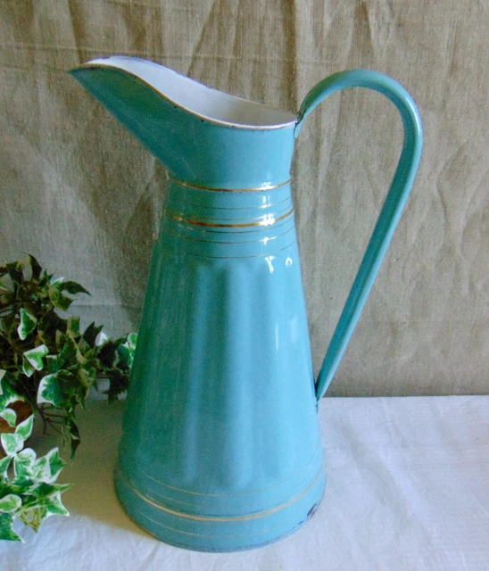 ANCIEN BROC A Eau Tole Emaillee Decor Vert Et Liseres Dores EUR 80,00 ...