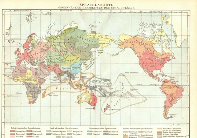LANGUAGE MAP OF the Earth, with Annex, Historical Lithograph around ...