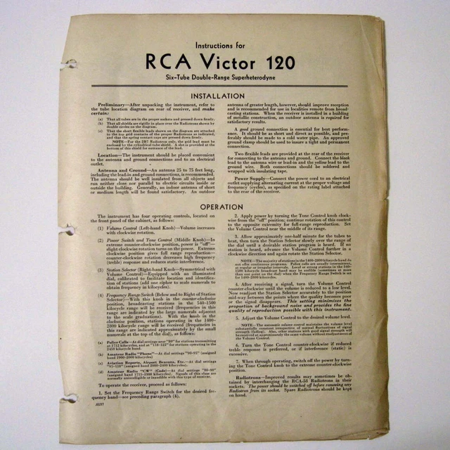 RCA VICTOR ® Models 120 Six Tube Double Range Receiver Service Manual ...