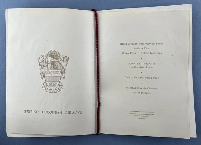 BEA BRITISH EUROPEAN Airways Vintage First Class Airline Menu - Flower ...