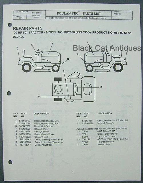 ORIGINAL 1994 POULAN Pro 20hp 50" Tractor Parts List Model No. PP2050 ...