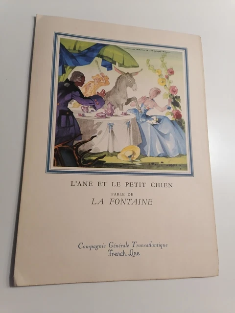 LA FONTAINE L'ÂNE et le petit chien / menu paquebot liberté 1956 dessin ...