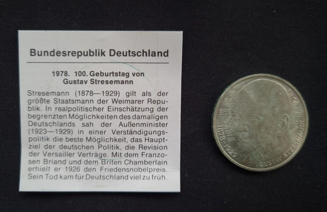 5 DM GEDENKMÜNZE 1978 -100. Geburtstag von Gustav Stresemann - Stempelglanz £13.25 - PicClick UK