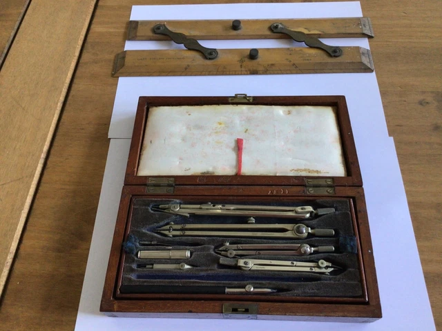 ANTIQUE VICTORIAN GEOMETRY Technical Drawing Instrument Set in Wooden ...