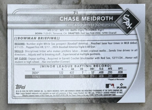 2025 BOWMAN CHROME: Chase Meidroth #71 RC 🔴 Red Rookie Logo $3.16 ...