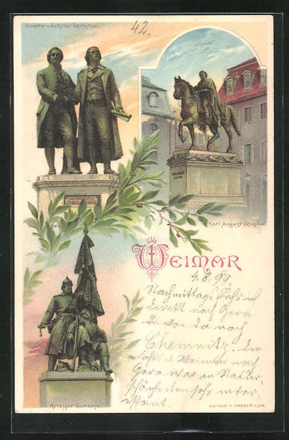 KÜNSTLER-AK WEIMAR, GOETHE u. Schiller-Denkmal, Karl August-Denkmal, Krieger-De EUR 3,00 ...