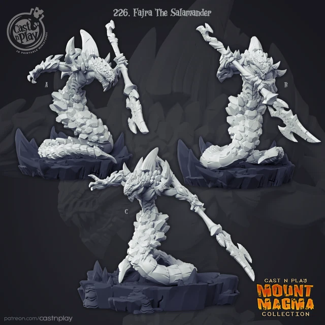 3D PRINTED MINIATURE Fajra the Salamander Cast N Play Mount Magma D&D ...