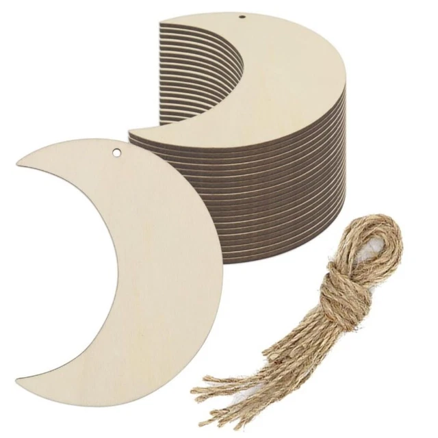 20PCS WITH ROPES Moon Wooden Cutouts With Hole DIY Crafts Cutouts DIY ...