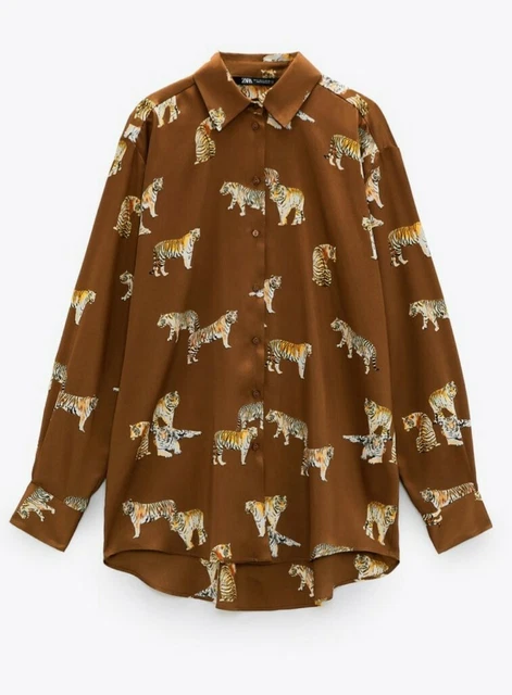 ZARA TAN ANIMAL Print Tiger Oversized Satin Shirt M 12 14 Bnwt £38.99 ...