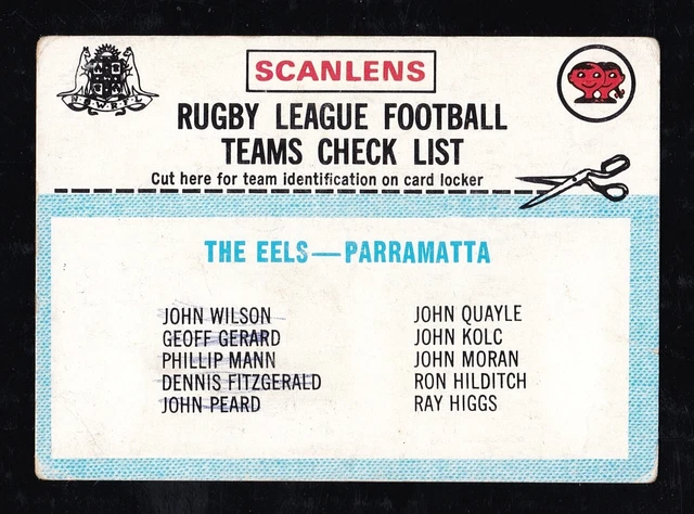 1977 PARRAMATTA EELS TEAM CHECKLIST SCANLENS NRL RUGBY LEAGUE TRADING ...