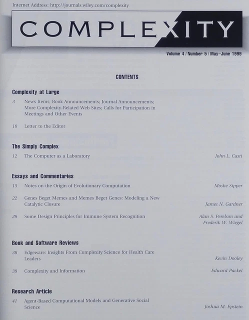 1999 COMPLEXITY MEMES COMPUTATIONAL SCIENCE agent-based sociology ALIFE ...