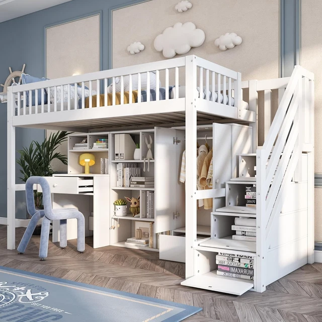 KIDS LOFT BED with Desk Wardrobe Drawers Stairs Storage 3FT 90x190cm £ ...