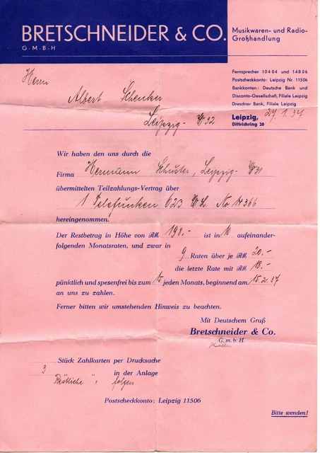 ALTE RECHNUNG RADIO Telefunken Vertrag von 1937 Bretschneider & Co ...