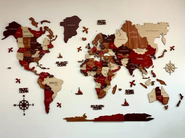 LARGE WOODEN WORLD Map 3D Art Large Wall Decor Home, Kitchen, Office ...