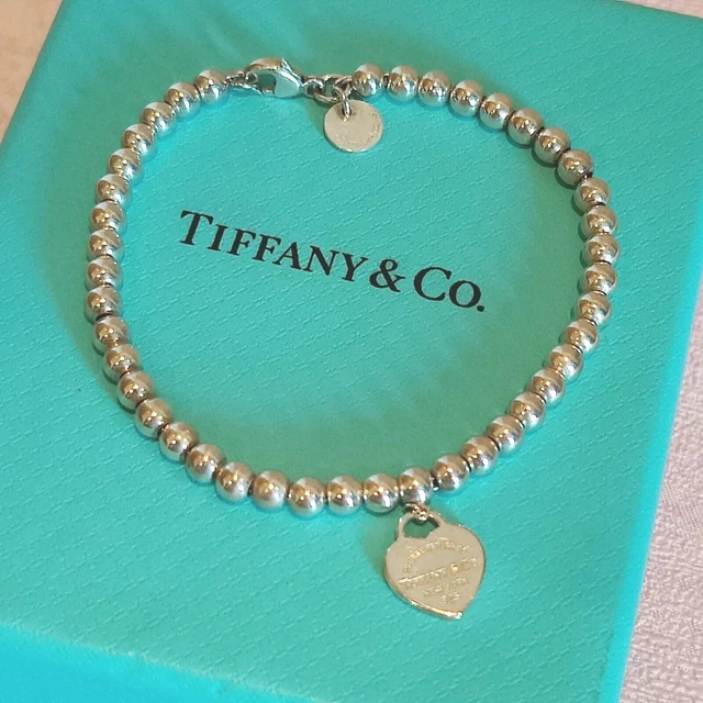 RETURN TO TIFFANY & Co Silver Heart Tag 4mm Mini Bead Bracelet 7" Gift ...