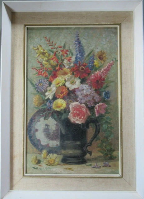 LARGE ORIGINAL R A FOSTER Listed Floral Still Life Oil Painting Signed ...