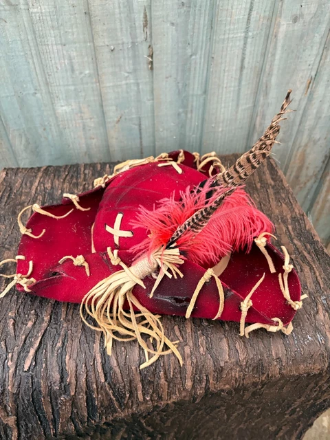 RED DISTRESSED TRICORN Pirate Hat Renaissance Feathers Leather 57cm (50 ...