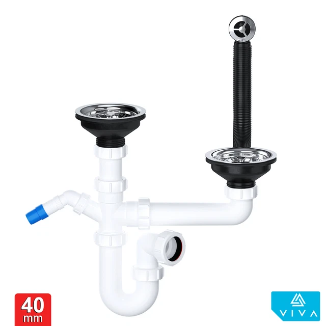 KITCHEN SINK WASTE Trap Kit Round Overflow Basket Strainer Double Bowl ...