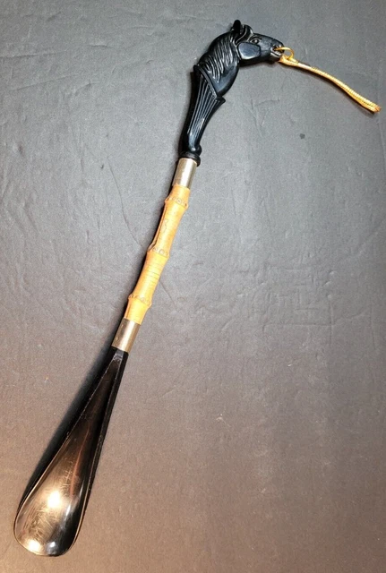 VINTAGE JAPAN BAMBOO Shaft Black Equestrian Horse Head Shoehorn AS IS ...