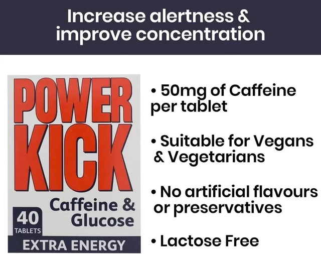 POWER KICK ENERGY Tablets 40 X 6 Caffeine & Glucose Fast Energy Boost £ ...