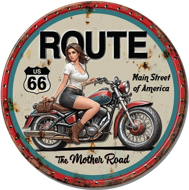 ROUTE 66 METAL Sign Retro Motorcycle Garage Round Wall Decor Vintage ...