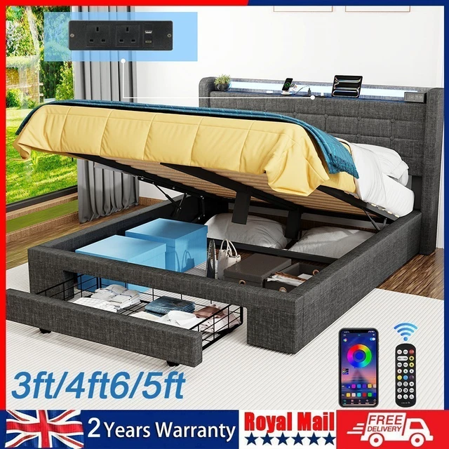 NEW OTTOMAN PANEL Upholstered Bed Frame With Led Light & Socket For 3/4 ...