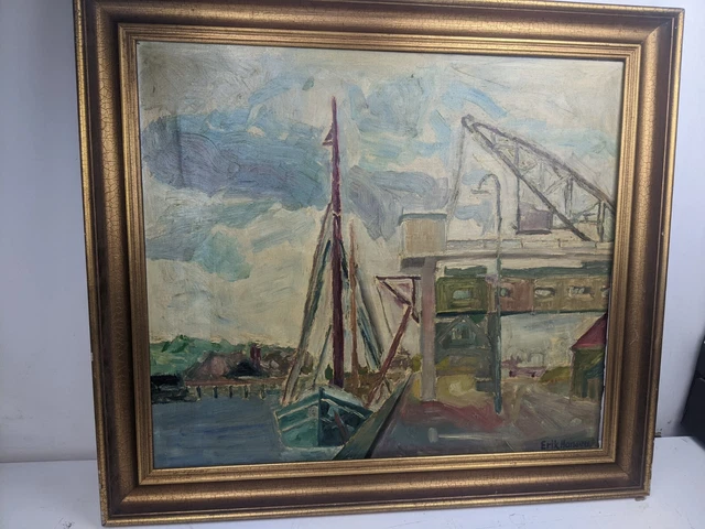 VINTAGE ORIGINAL OIL Painting of Boat in Loading Dock Signed Erik ...