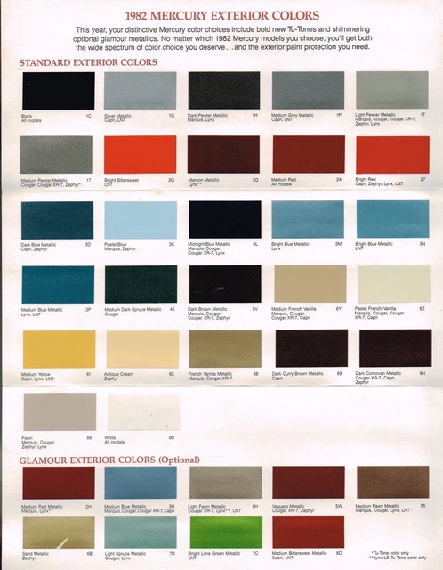 1982 MERCURY COLOR CHART Chip Paint Sample Brochure COUGAR XR 7 MARQUIS CAPRI EUR 4 44 1982-mercury-color-chart-chip-paint-sample-brochure-cougar-xr-7-marquis-capri-eur-4-44
